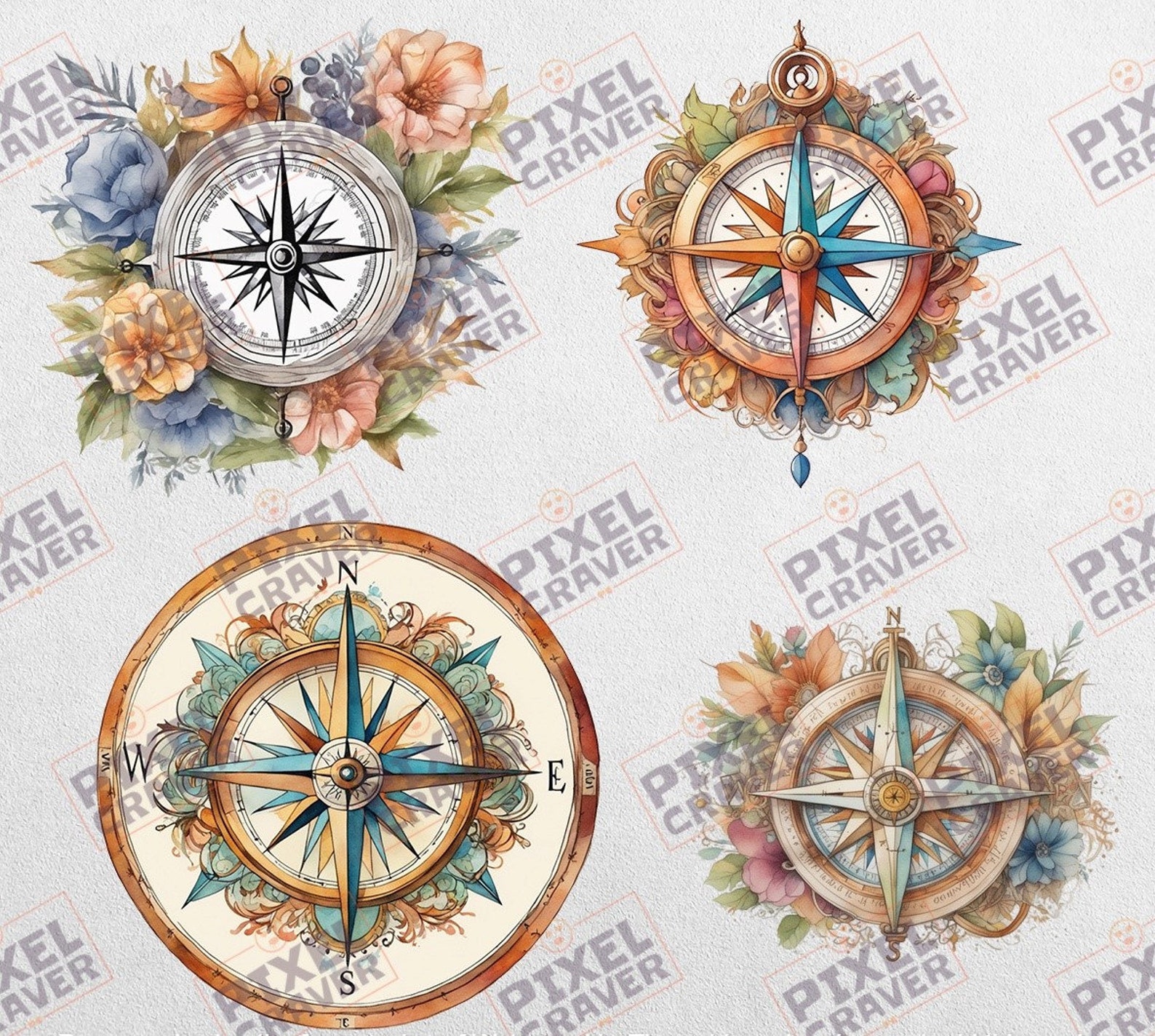Floral Compass Clip Art Bundle - Watercolor Compass, Rose Compass, PNG ...