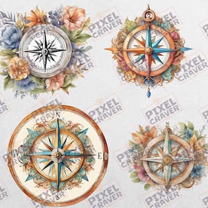 Floral Compass Clip Art Bundle - Watercolor Compass, Rose Compass, PNG ...