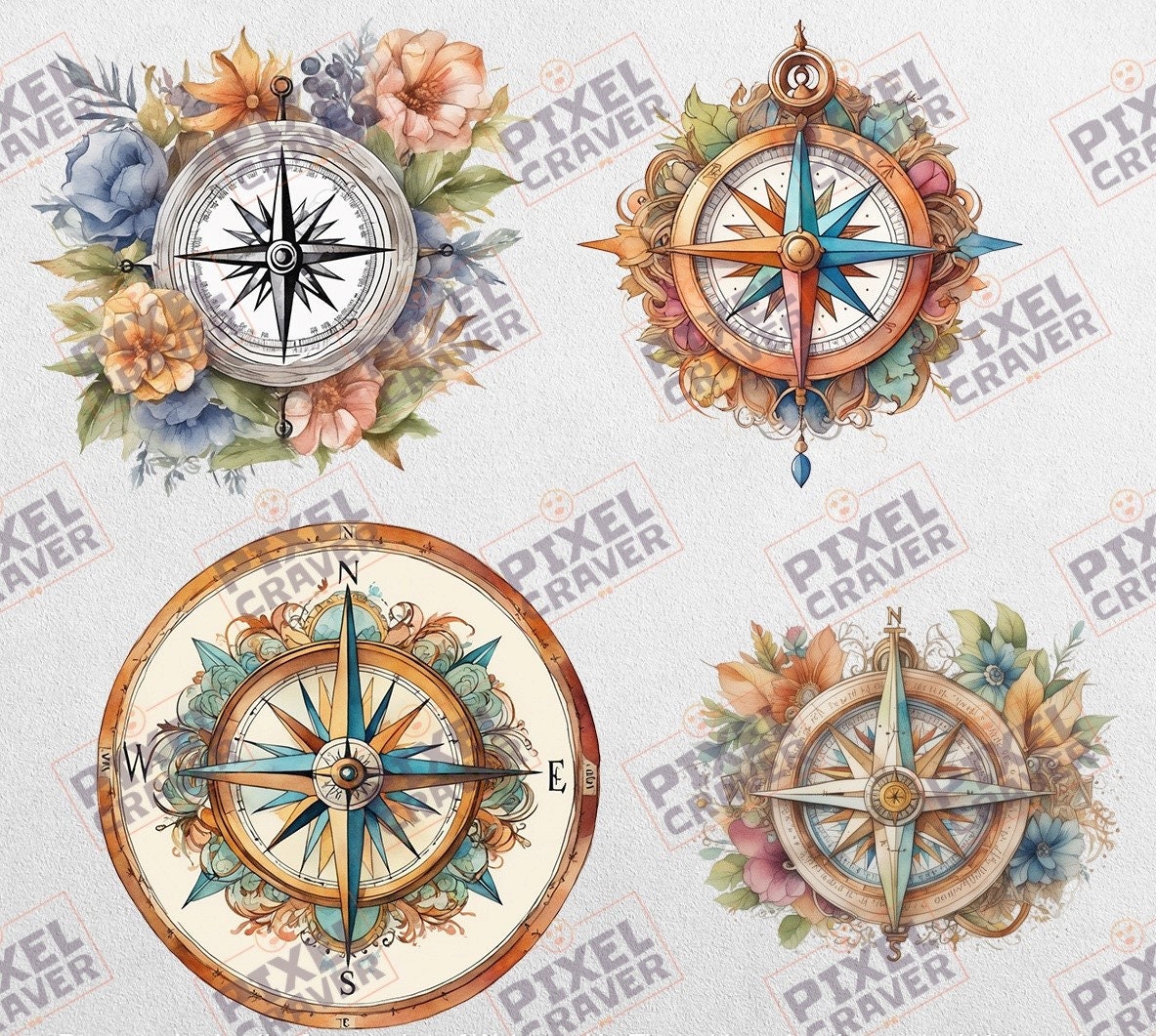 Floral Compass Clip Art Bundle - Watercolor Compass, Rose Compass, PNG ...