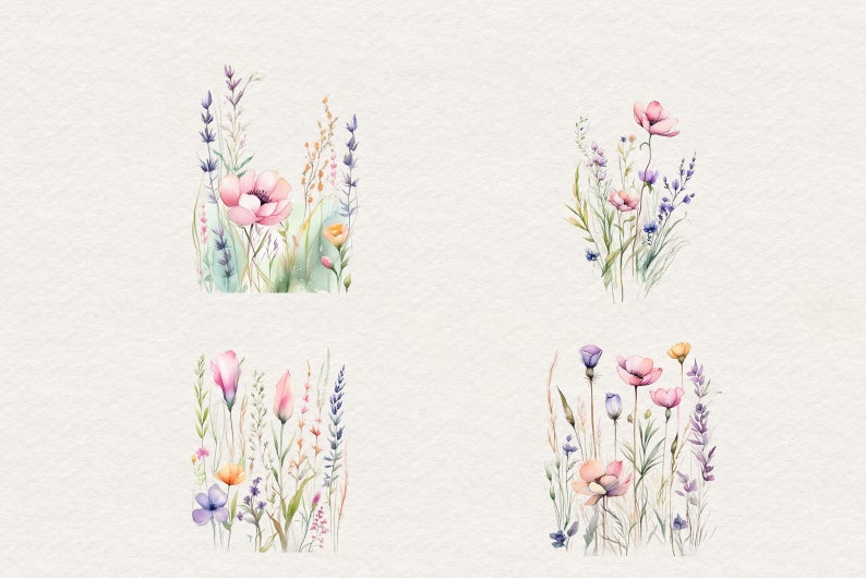 Watercolor Pastel Floral Clipart Floral Border Set Wildflowers Floral ...