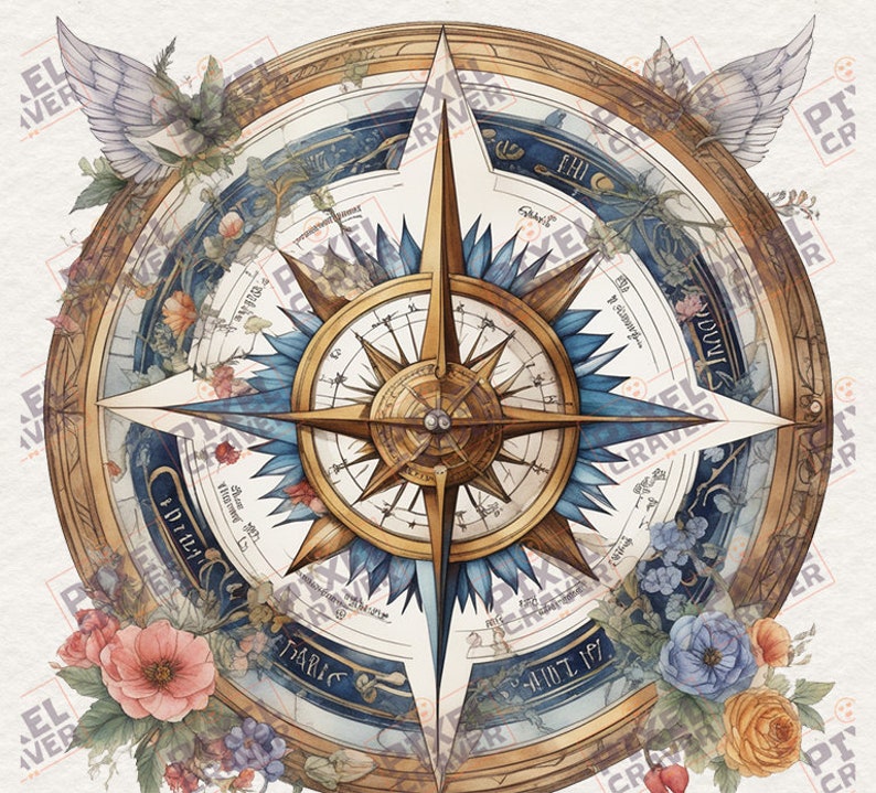 Floral Compass Clip Art Bundle - Watercolor Compass, Rose Compass, PNG ...