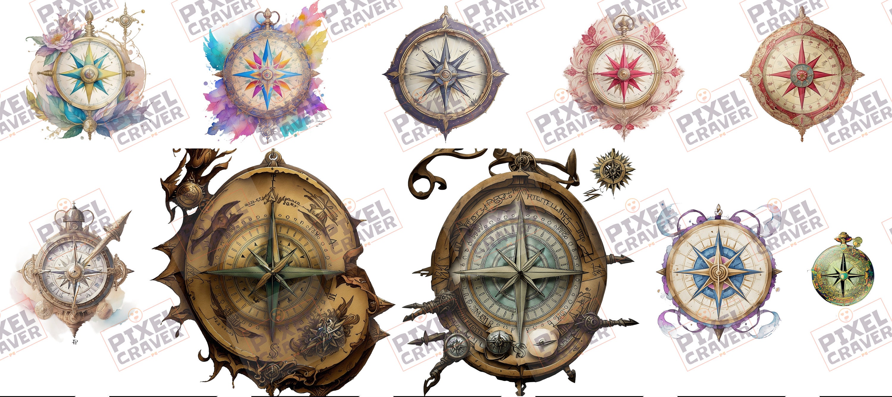 Compass Clip Art Bundle - Watercolor Magical Compass, Steampunk Compass ...
