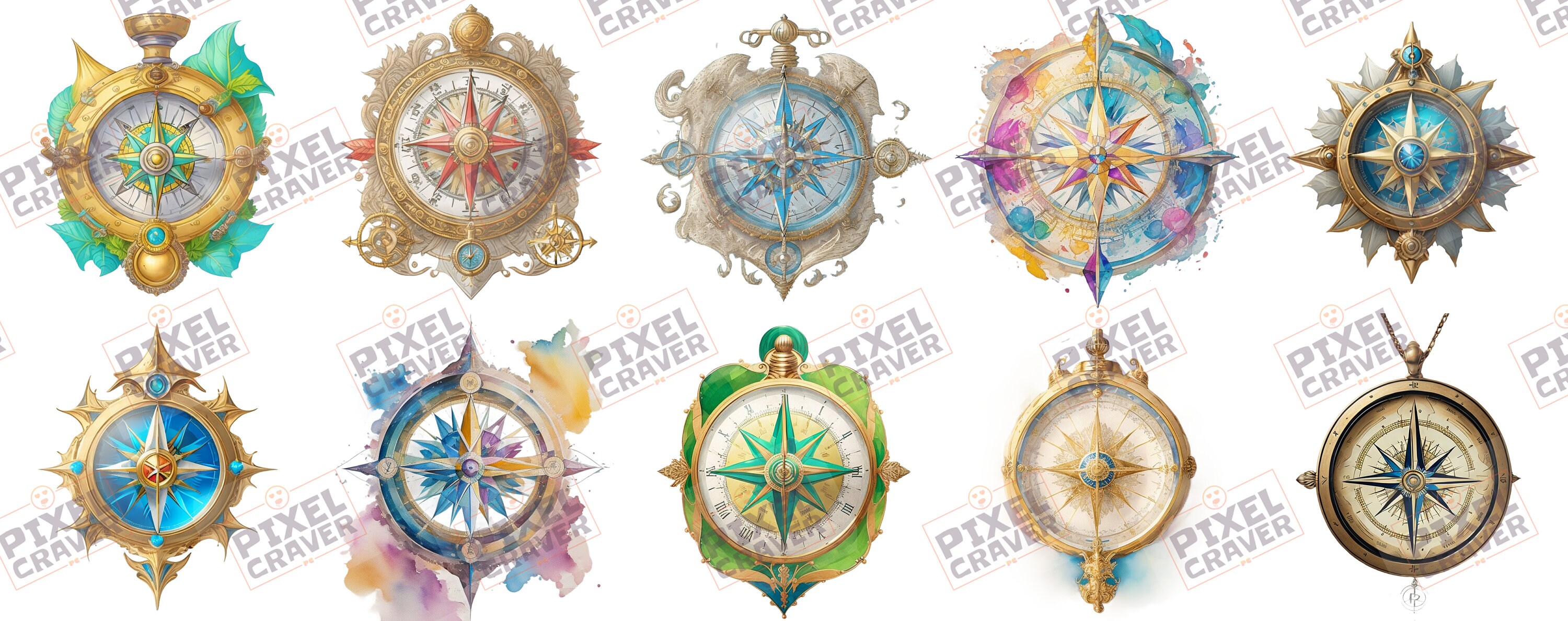 Compass Clip Art Bundle - Watercolor Magical Compass, Steampunk Compass ...