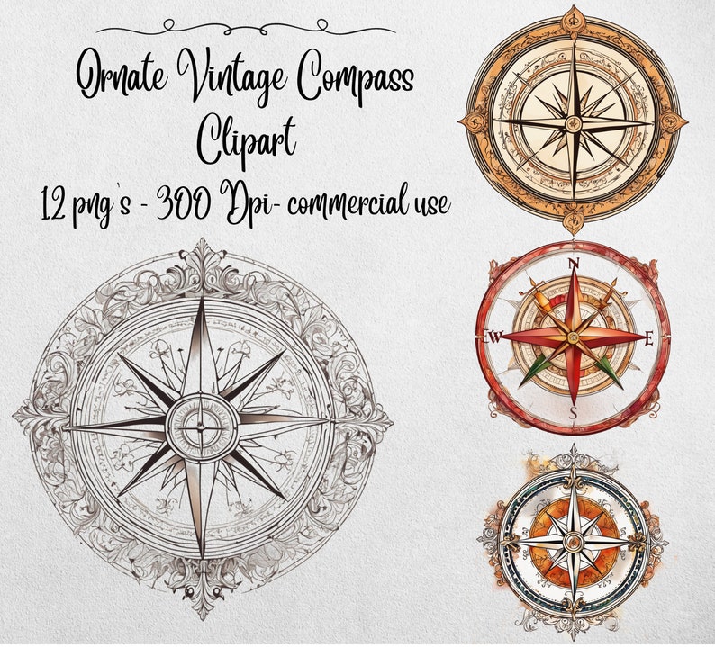 Vintage Compass Clip Art Bundle - Ornate Compass Rose, Nautical Compass ...