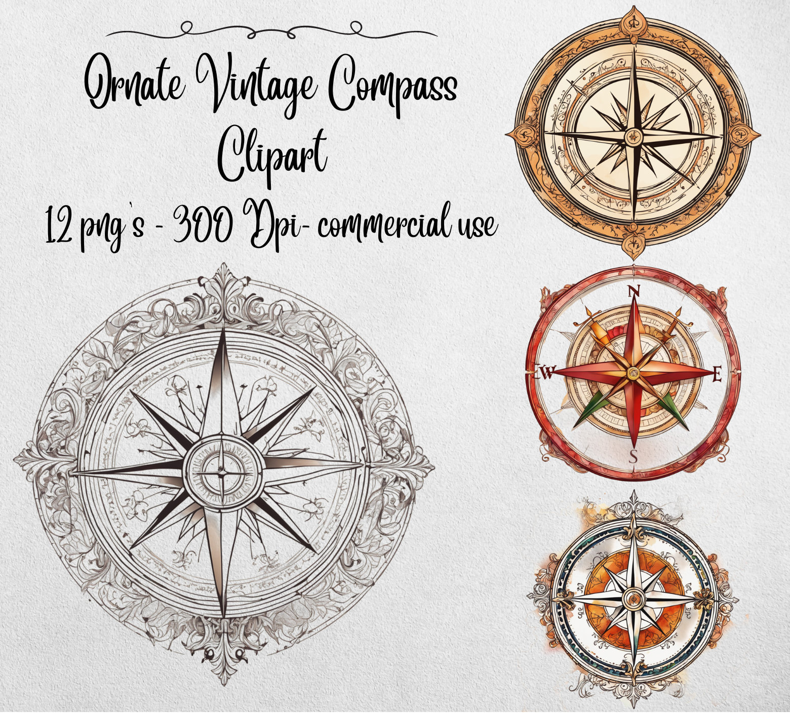 Vintage Compass Clip Art Bundle - Ornate Compass Rose, Nautical Compass ...