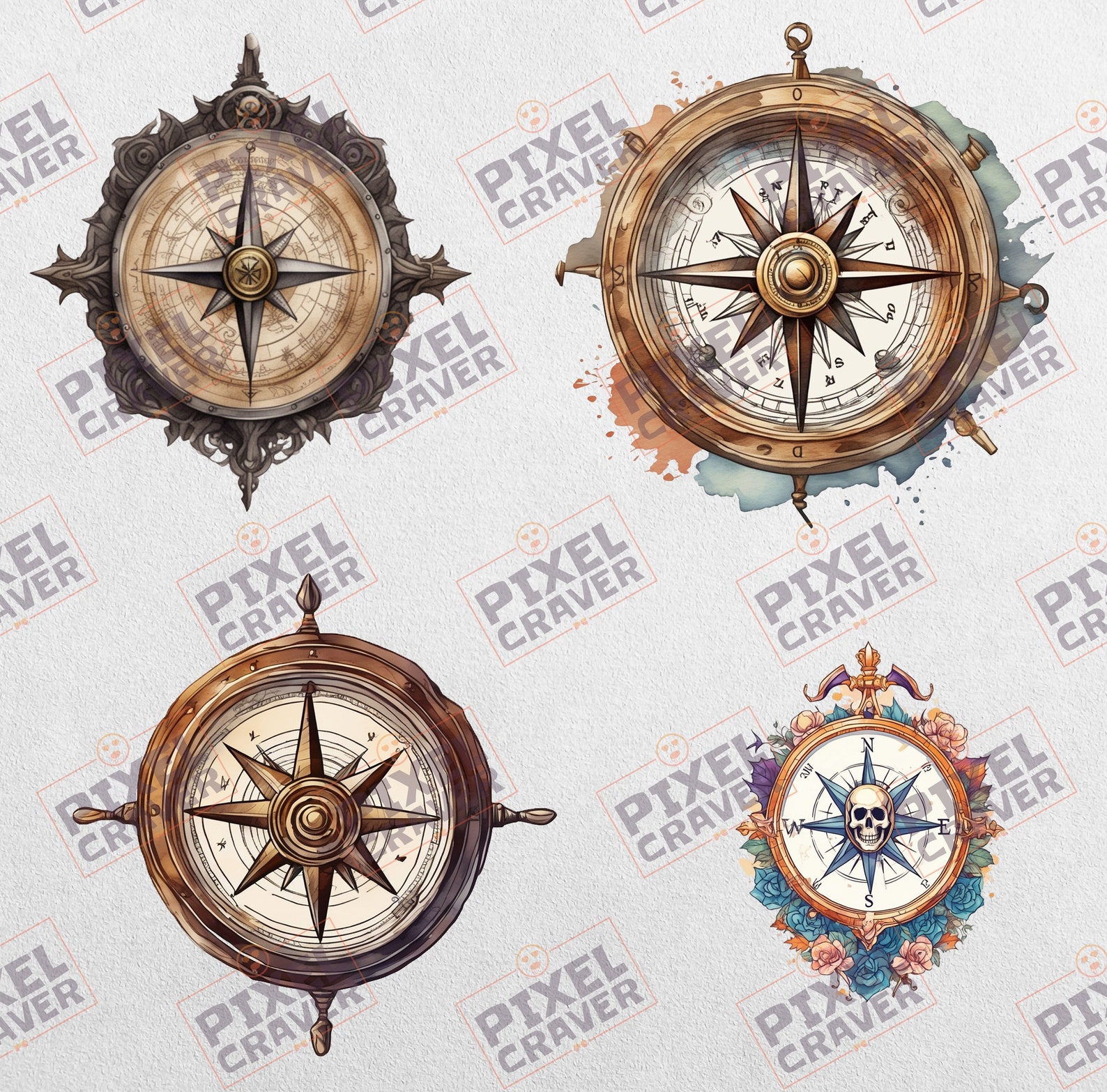 Pirates Compass Clip Art Bundle - Marine Pirate Compass, Steampunk ...