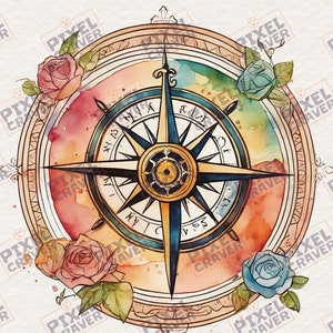 Floral Compass Clip Art Bundle - Watercolor Compass, Rose Compass, PNG ...