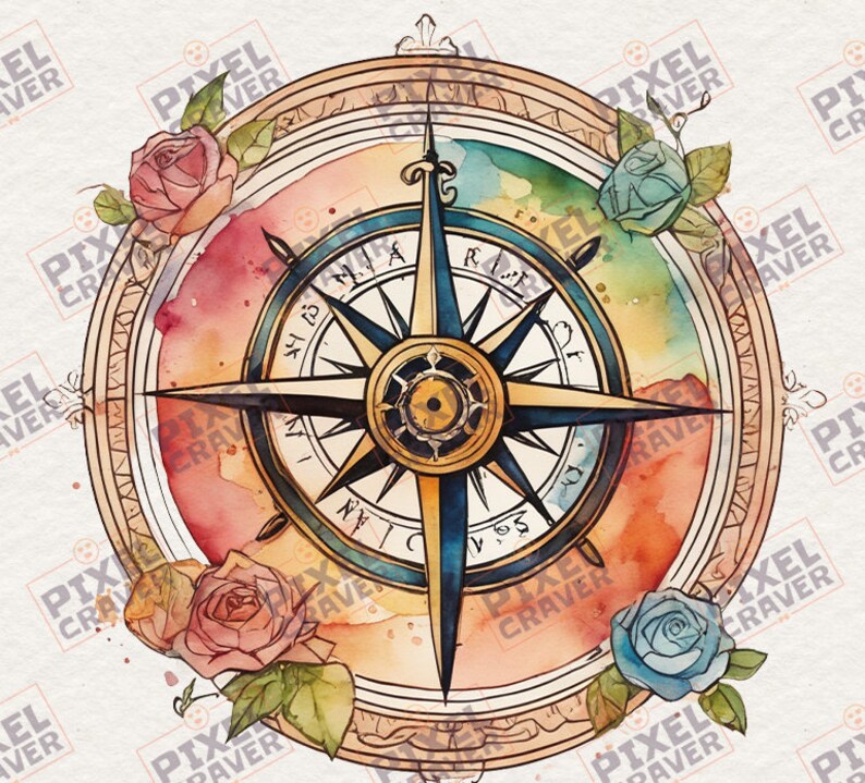 Floral Compass Clip Art Bundle - Watercolor Compass, Rose Compass, PNG ...