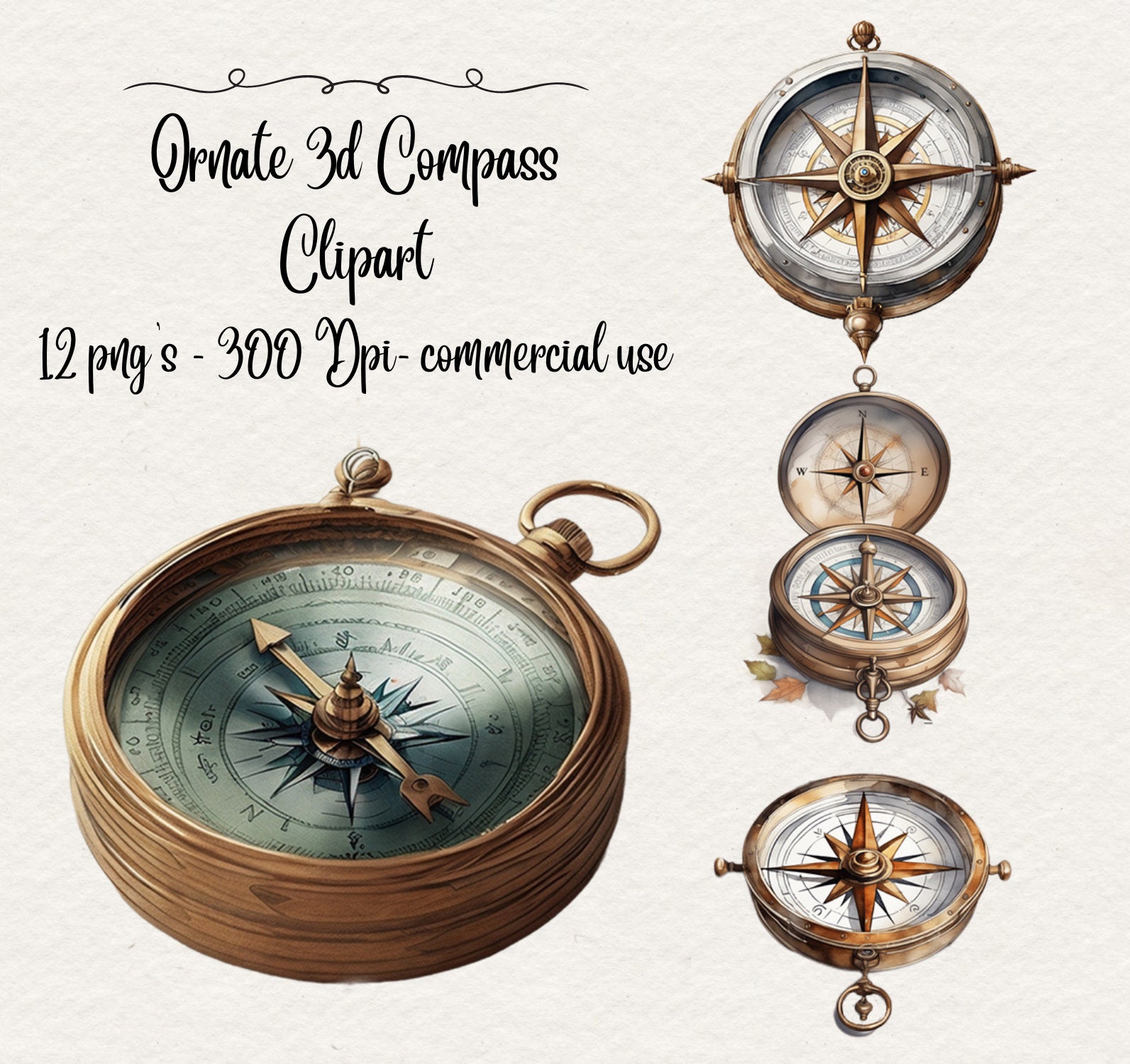 3D Compass Clip Art Bundle - Ornate Compass Rose, Nautical Compass, PNG ...