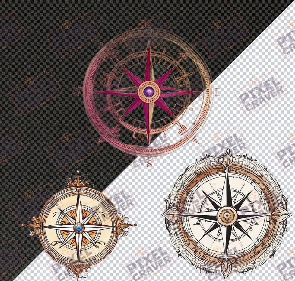 Vintage Compass Clip Art Bundle - Ornate Compass Rose, Nautical Compass ...