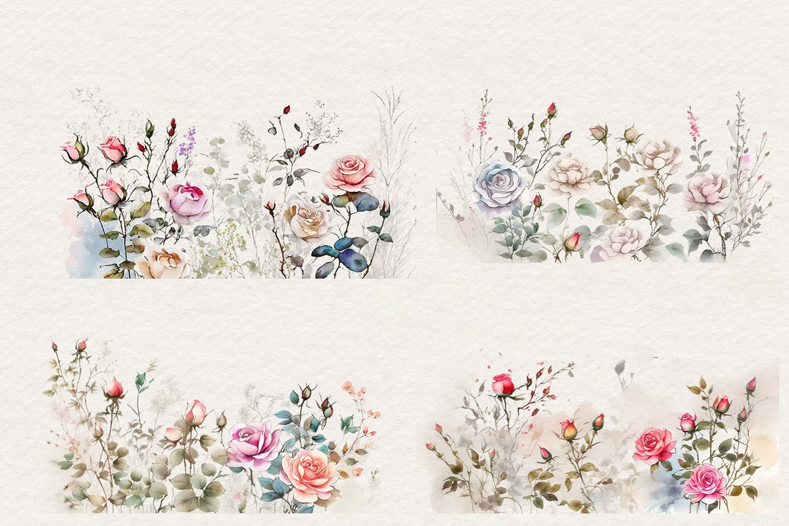 Watercolor Roses Clipart Flowers Borders Wildflower Roses - Etsy