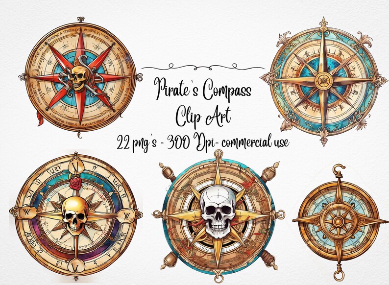 Pirates Compass Clip Art Bundle - Marine Pirate Compass, Steampunk ...