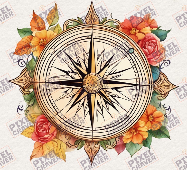 Floral Compass Clip Art Bundle - Watercolor Compass, Rose Compass, PNG ...