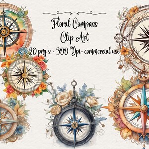 Floral Compass Clip Art Bundle - Watercolor Compass, Rose Compass, PNG ...