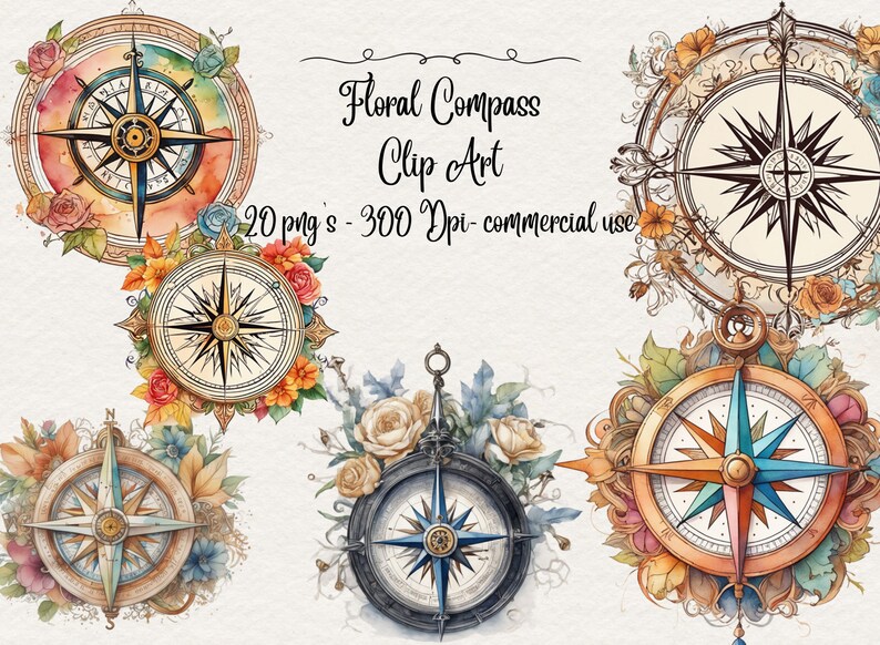 Floral Compass Clip Art Bundle Watercolor Compass Rose - Etsy