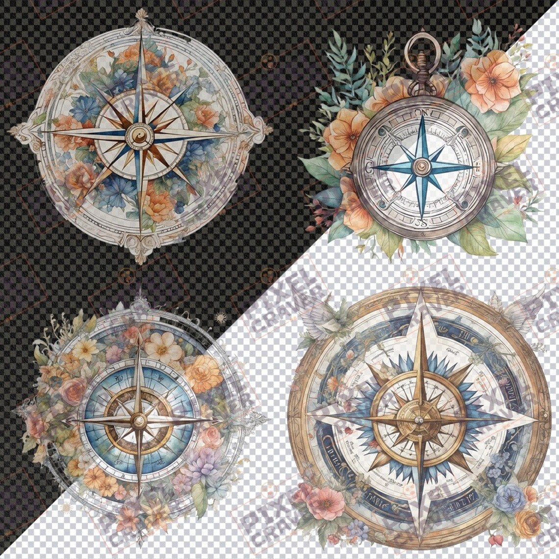 Floral Compass Clip Art Bundle - Watercolor Compass, Rose Compass, PNG ...