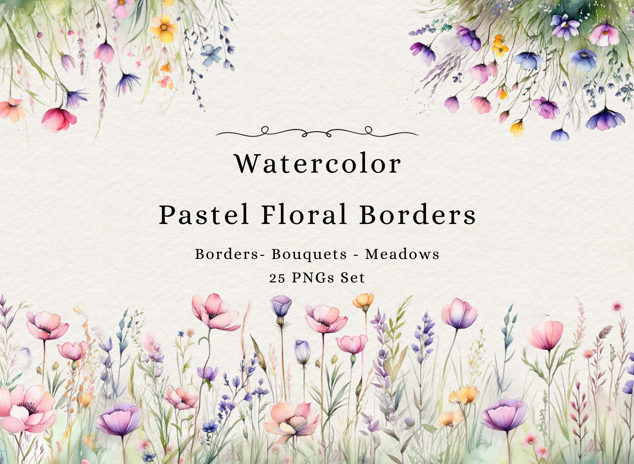 Watercolor Pastel Floral Clipart Floral Border Set Wildflowers Floral ...