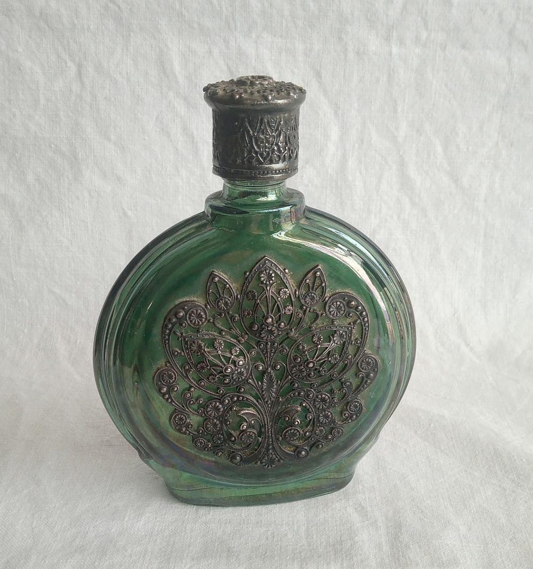 Vintage French Green Glass Perfume Bottle Decorated W/ Silver Metal 4 ...