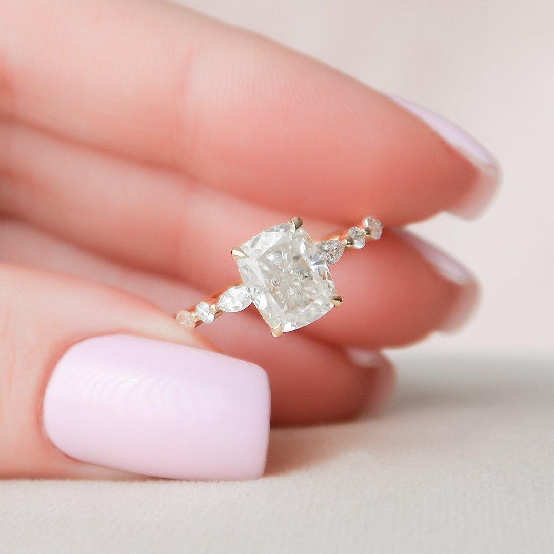 2.50 Ct Elongated Cushion Cut Engagement Rings, Marquise and Round Cut ...