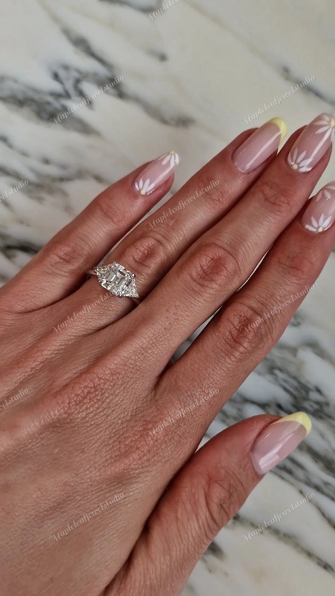 Asscher Cut Moissanite Engagement Ring Three Stone Asscher Engagement Ring Trillion Moissanite ...