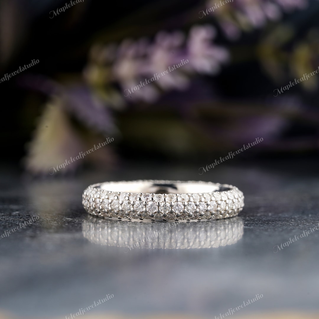 Three Row Micro Pave Wedding Band Dainty Diamond Wedding Band Micro ...