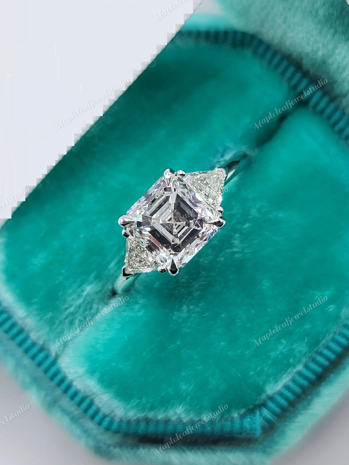 Asscher Cut Moissanite Engagement Ring Three Stone Asscher Engagement Ring Trillion Moissanite ...