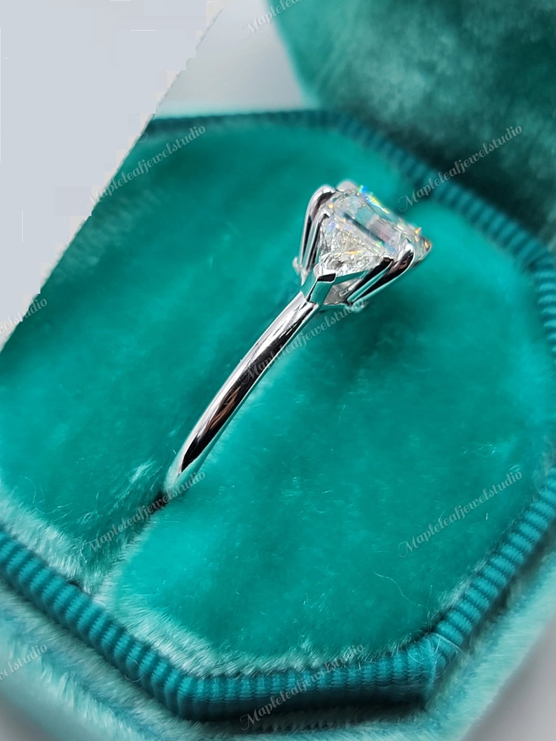Asscher Cut Moissanite Engagement Ring Three Stone Asscher Engagement Ring Trillion Moissanite ...