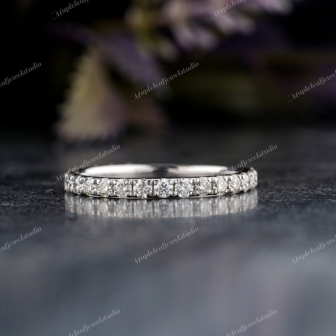 French Pavé Diamond Wedding Band Round Cut Moissanite Engagement Ring ...