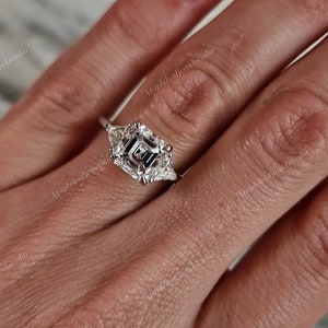 Asscher Cut Moissanite Engagement Ring Three Stone Asscher Engagement Ring Trillion Moissanite ...
