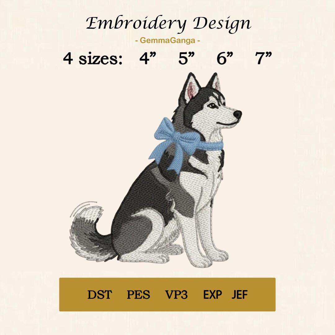 Husky Embroidery Designs: Dog Embroidery File Cute Puppy With Blue Bow ...