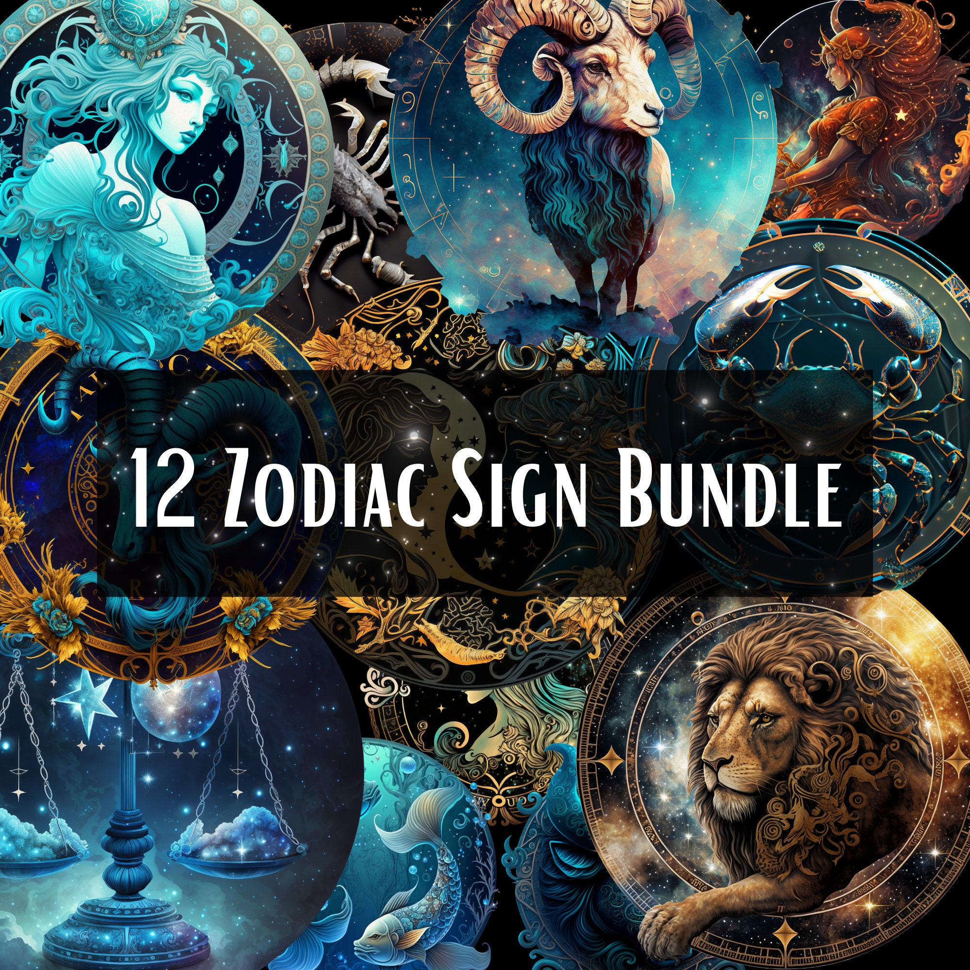 12 Zodiac Bundle PNG Sublimation Horoscope Design Star Sign Design ...