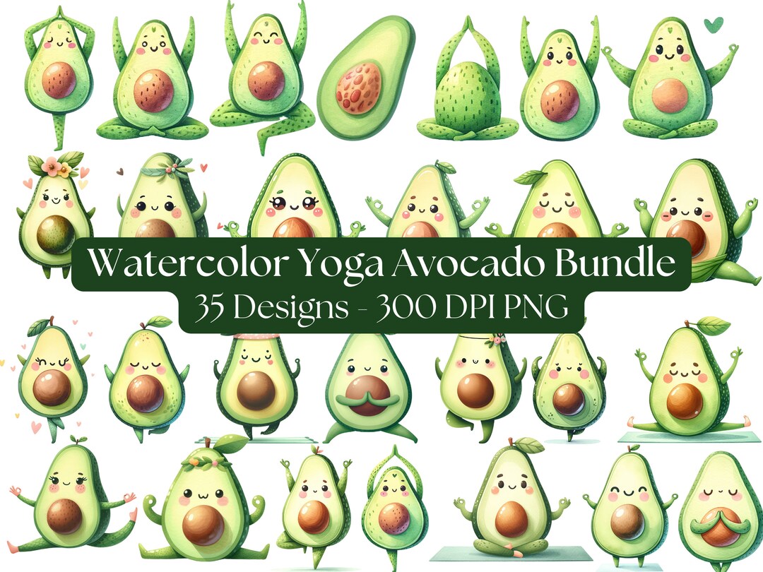 Watercolor Yoga Avocado Bundle, Cute Avocado, Avocado Png, Avocado ...