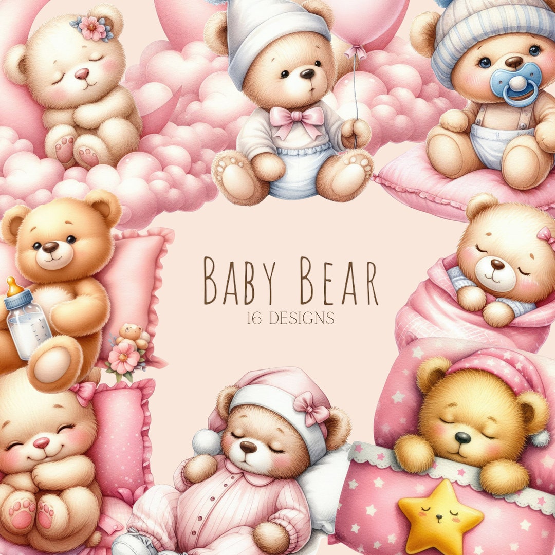 Teddy Bear Watercolor Pink Baby Bear Clipart Sleeping PNG Nursery Clip ...
