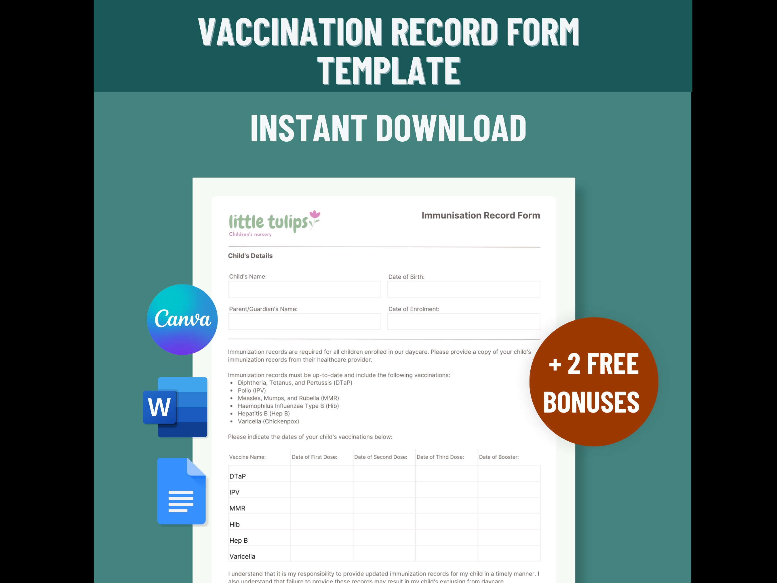 Child Immunization Record, Sage Green - Printable Daycare Forms - Etsy