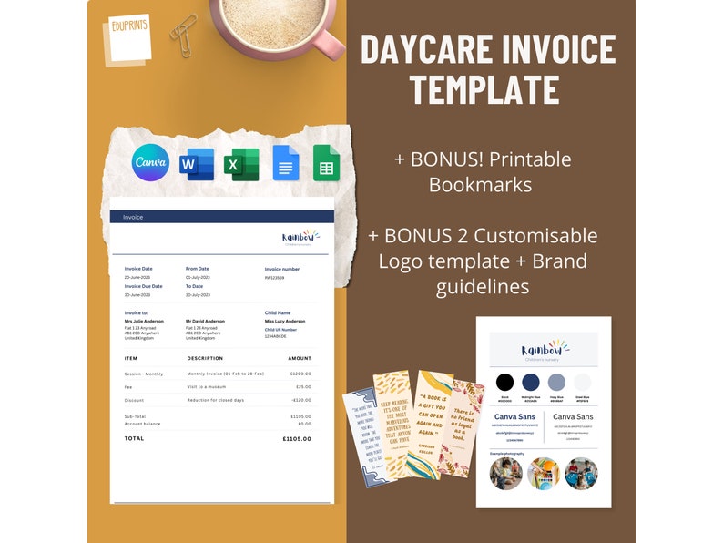 Blue Daycare Invoice Template | Receipt Template for Canva, Microsoft ...