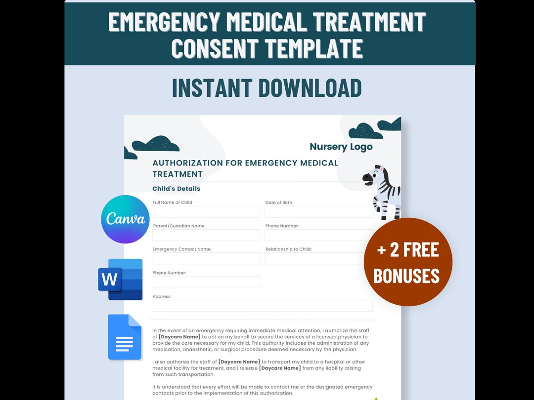 Emergency Medical Treatment Consent Form - Jungle Safari Theme ...