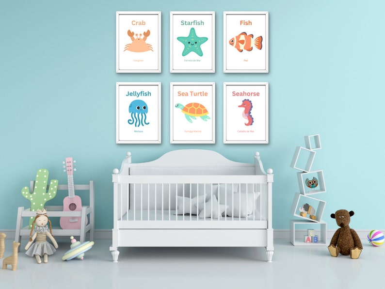 Sea Animals Nursery Wall Art, Bilingual Educational Posters, English ...
