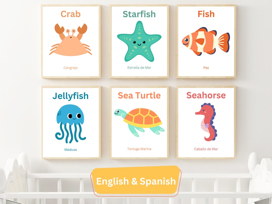 Sea Animals Nursery Wall Art, Bilingual Educational Posters, English ...