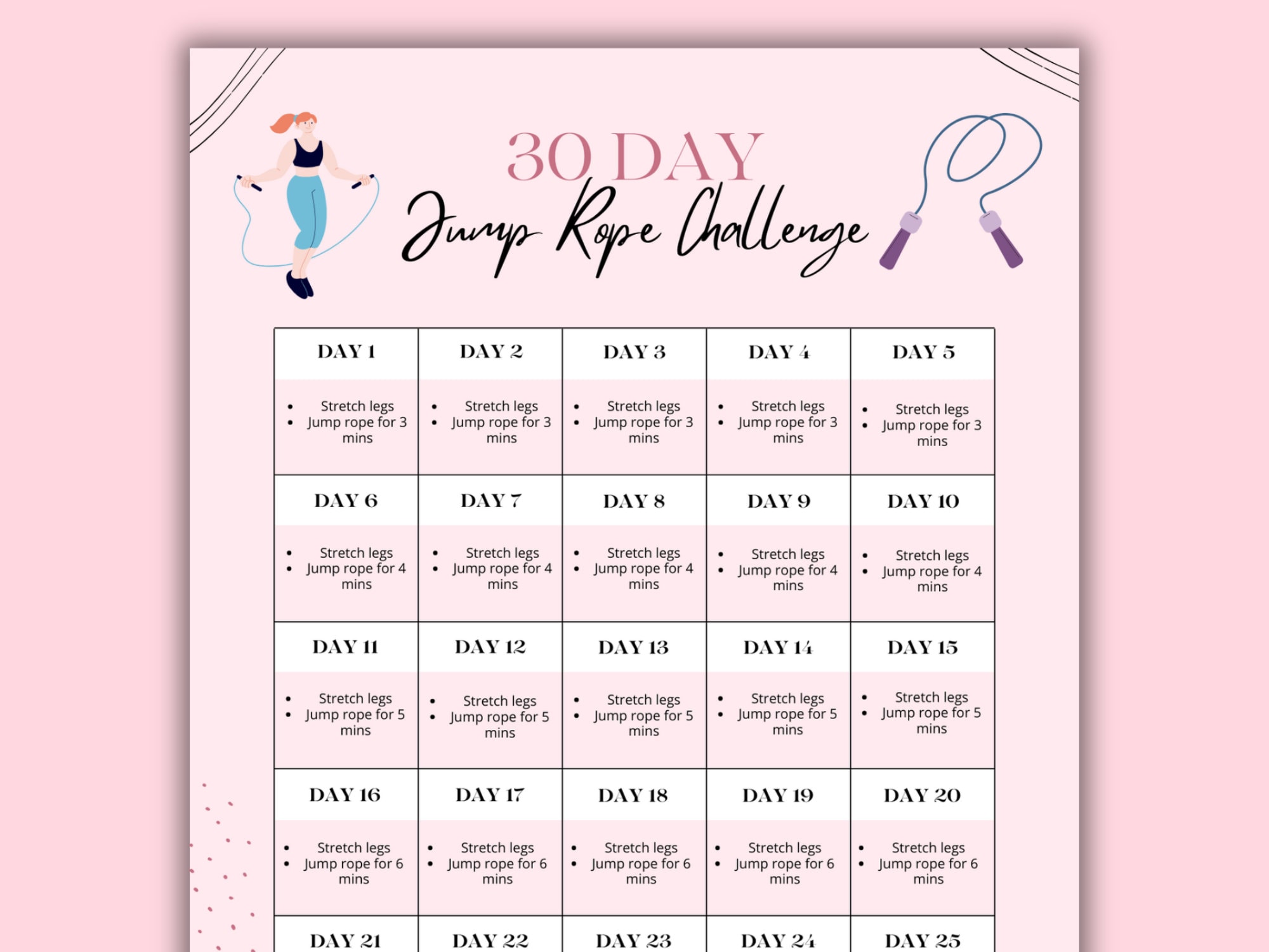 30 Day Jump Rope Challenge, 30 Day at Home Challenge, Printable Fitness ...