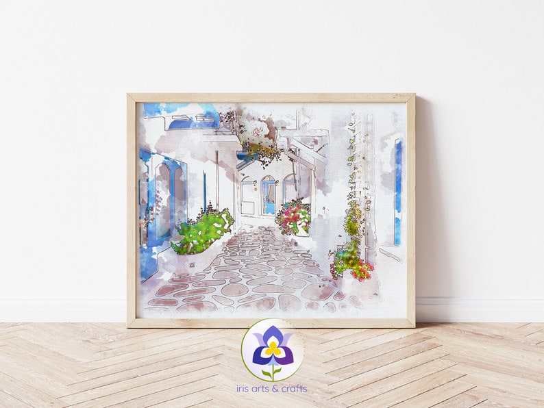 Watercolor Santorini Houses Print, Greece Travel Art (digital Download ...