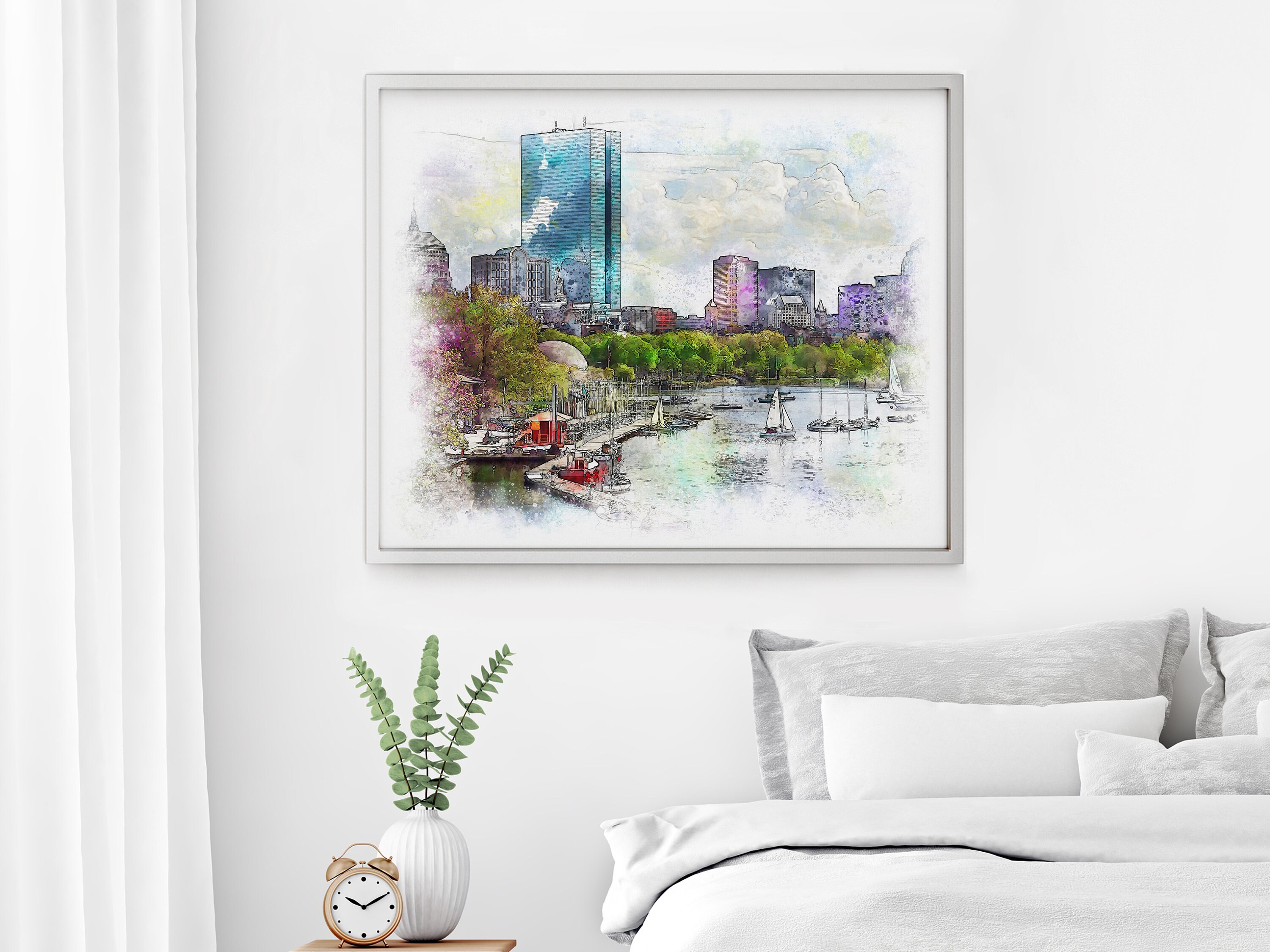 Printable Art, Boston Skyline Watercolor Painting, Instant Digital ...