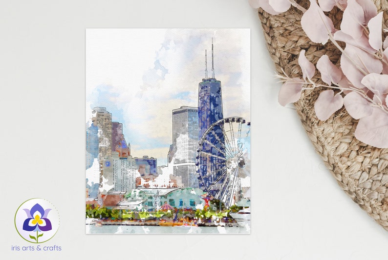 Printable Chicago Skyline Watercolor Painting Urban Sketch - Etsy