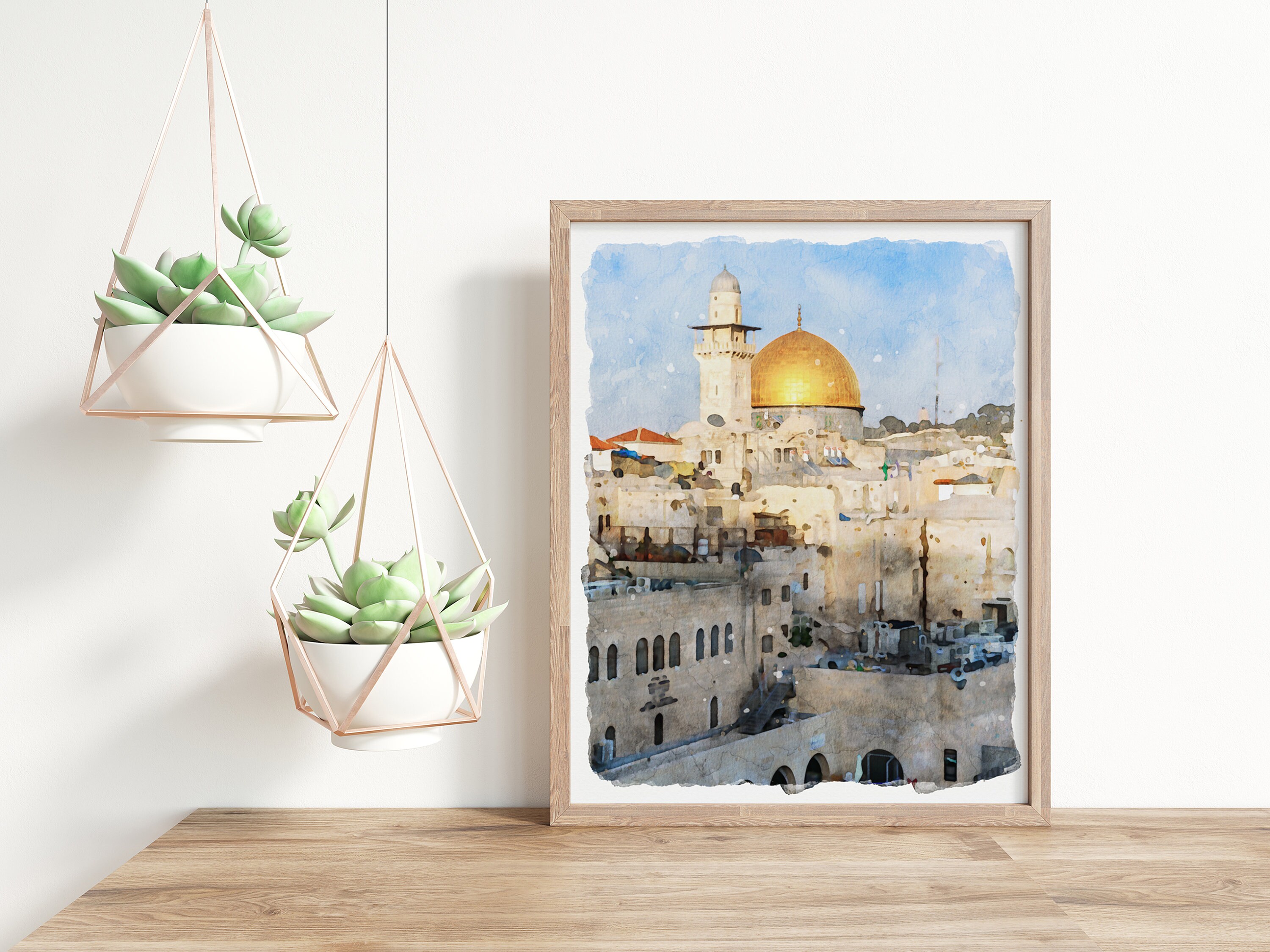 Printable Jerusalem Palestine Watercolor Houses, Al Aqsa, Dome of the ...
