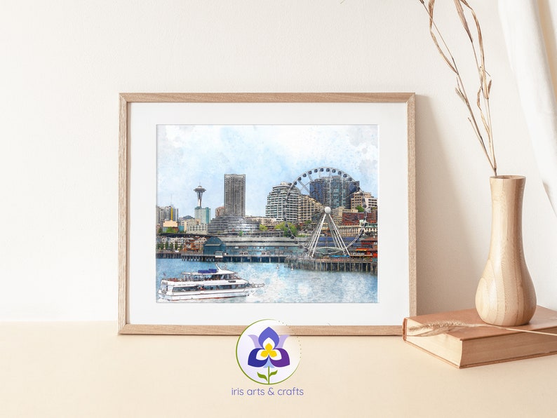 Seattle Skyline Watercolor Painting, Space Needle, Ferry Boat (digital ...