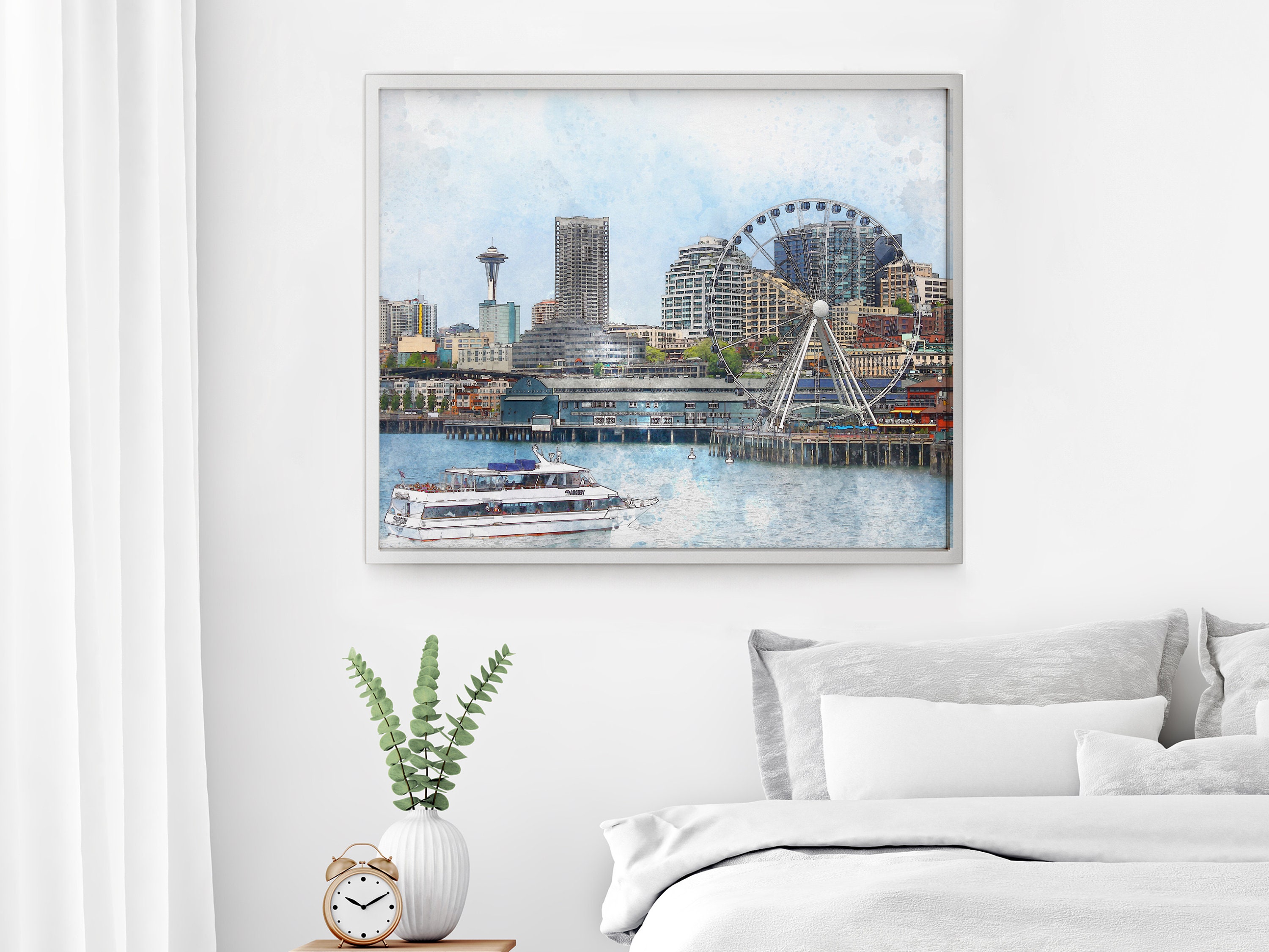 Seattle Skyline Watercolor Painting, Ferry Boat, Space Needle ...