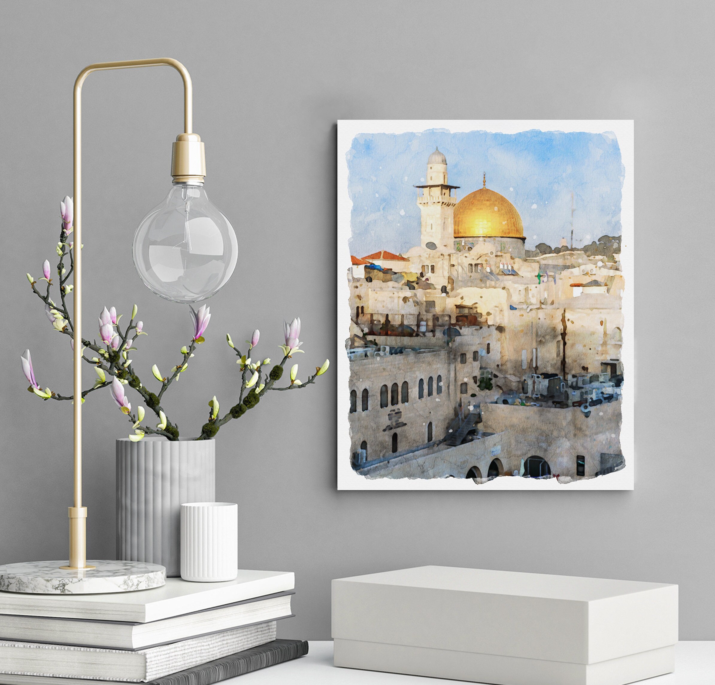 Printable Jerusalem Palestine Watercolor Houses, Al Aqsa, Dome of the ...
