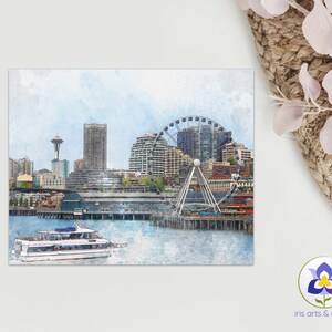 Seattle Skyline Watercolor Painting, Space Needle, Ferry Boat (digital ...