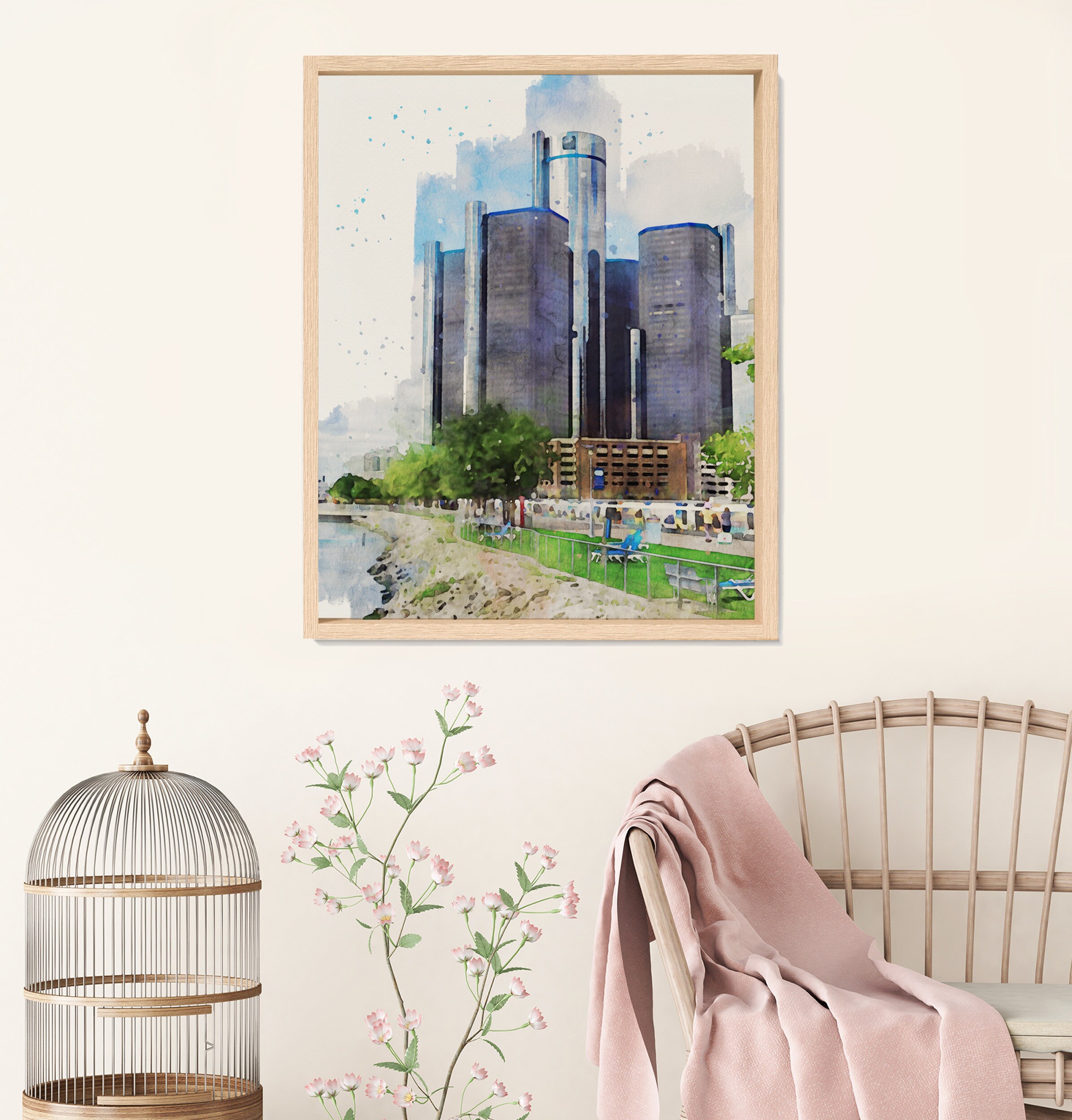 Detroit Skyline PRINTABLE, Watercolor Painting, Michigan USA, Instant ...