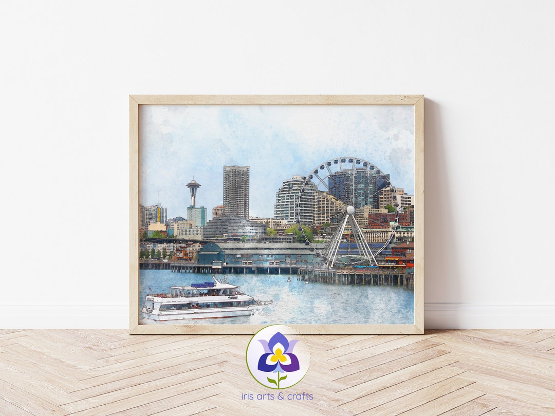 Seattle Skyline Watercolor Painting, Space Needle, Ferry Boat (digital ...