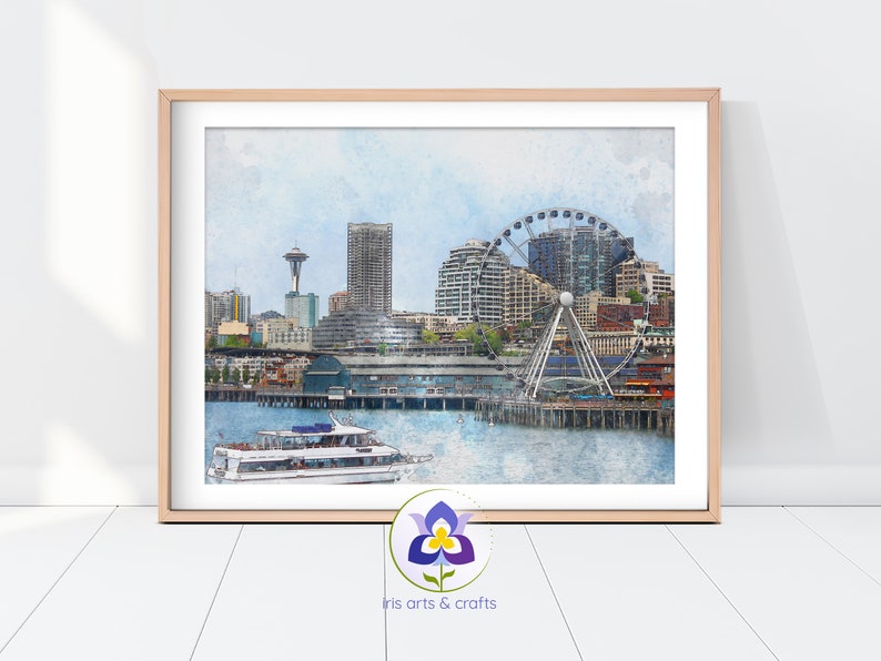 Seattle Skyline Watercolor Painting, Ferry Boat, Space Needle ...